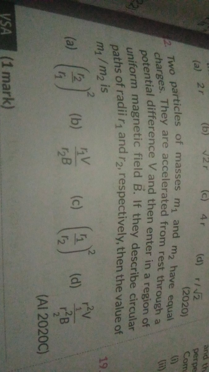 Two particles of masses m _ { 1 } and m _ { 2 } have equal charges. They