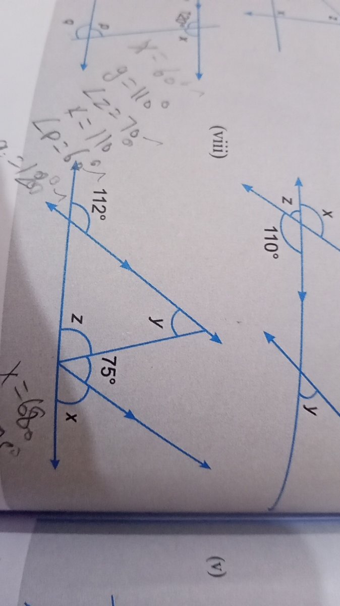 The image shows two geometry problems involving parallel lines and transv..