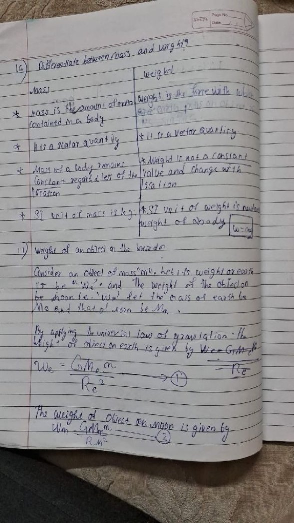 16) Differentiate between mass and weight. 17) Weight of an object on th..