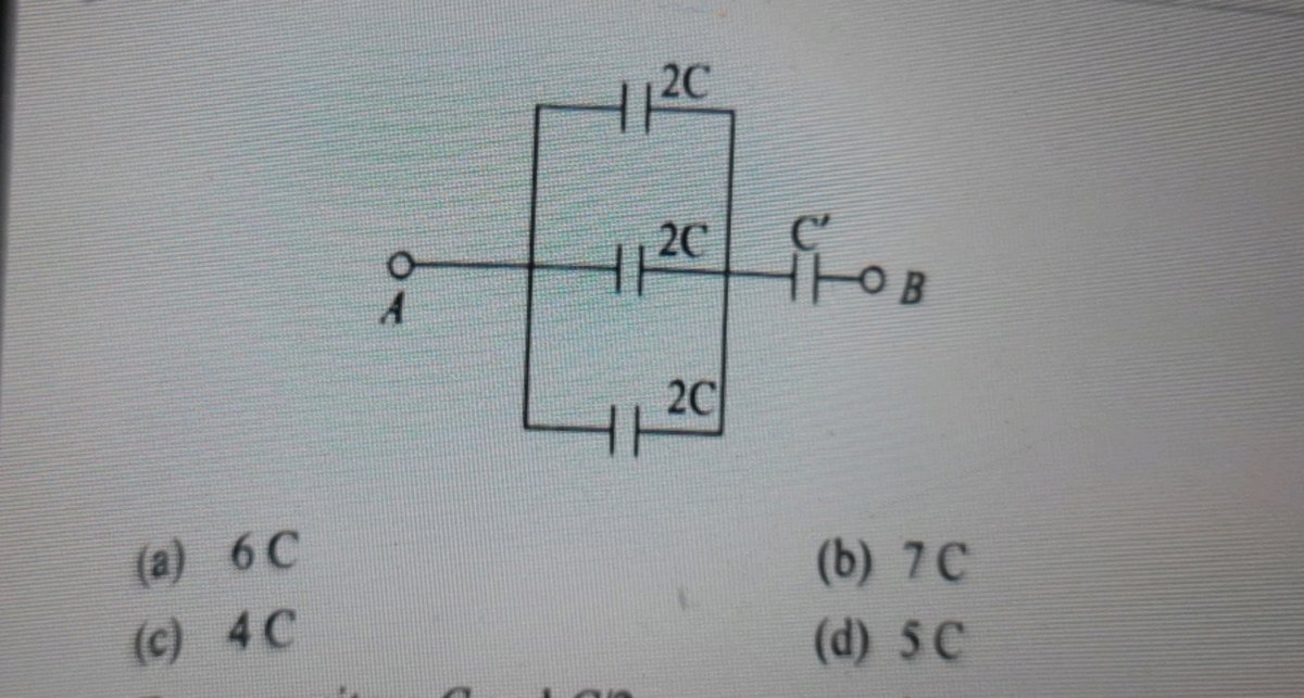 The image shows a circuit diagram with capacitors. Three capacitors of ca..