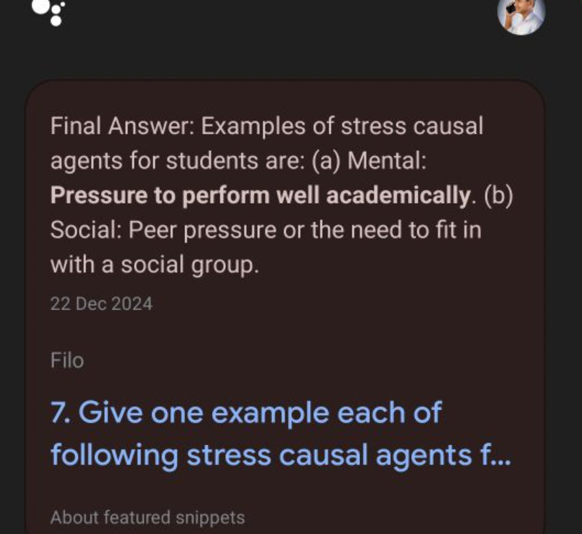 Final Answer: Examples of stress causal agents for students are: (a) Ment..