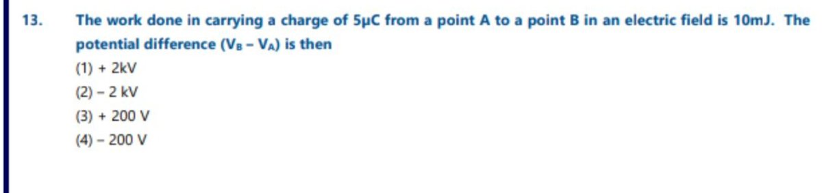 The work done in carrying a charge of 5 \mu \mathrm { C } from a point A