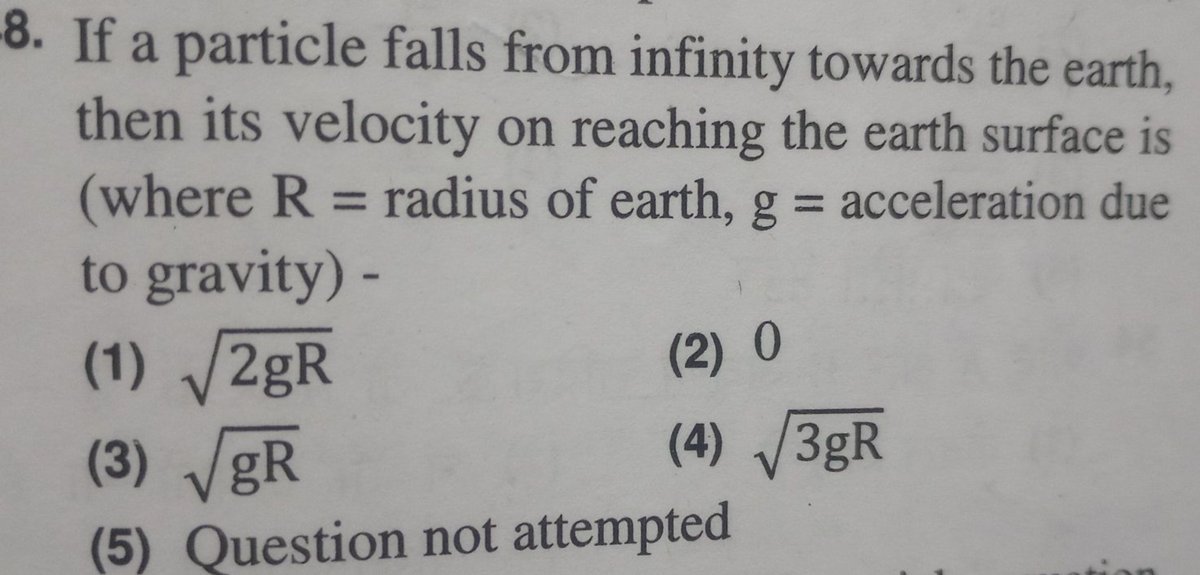 If a particle falls from infinity towards the earth, then its velocity on..