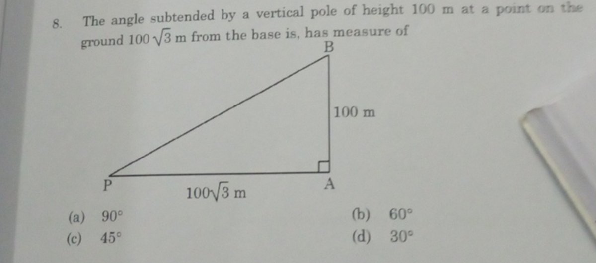The angle subtended by a vertical pole of height 100 m at a point on the