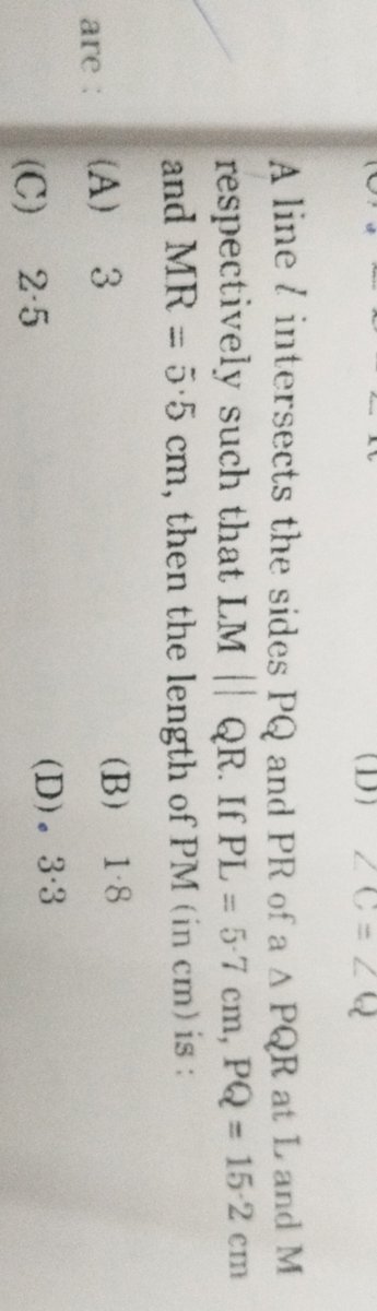 A line l intersects the sides PQ and PR of a \triangle \mathrm { PQR } at..