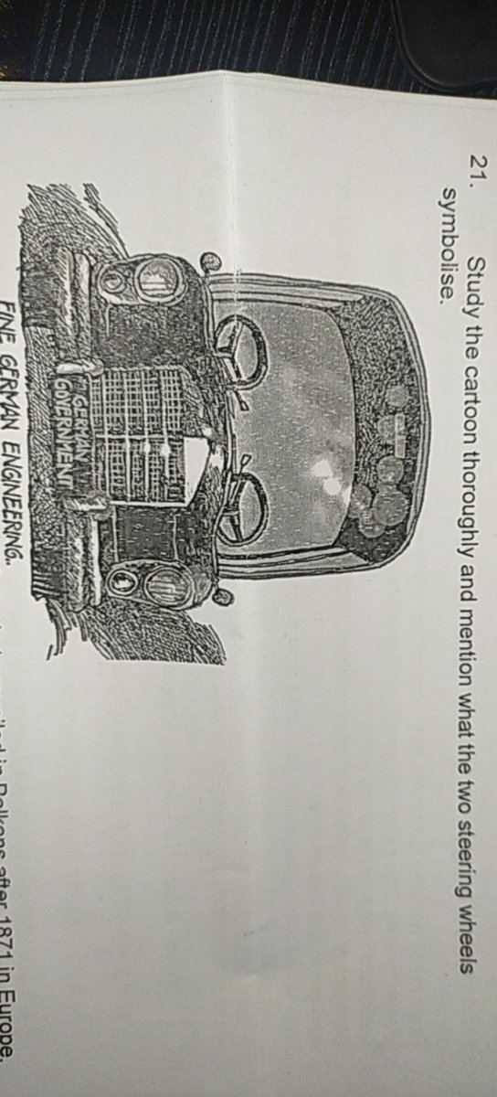 Study the cartoon thoroughly and mention what the two steering wheels sym..
