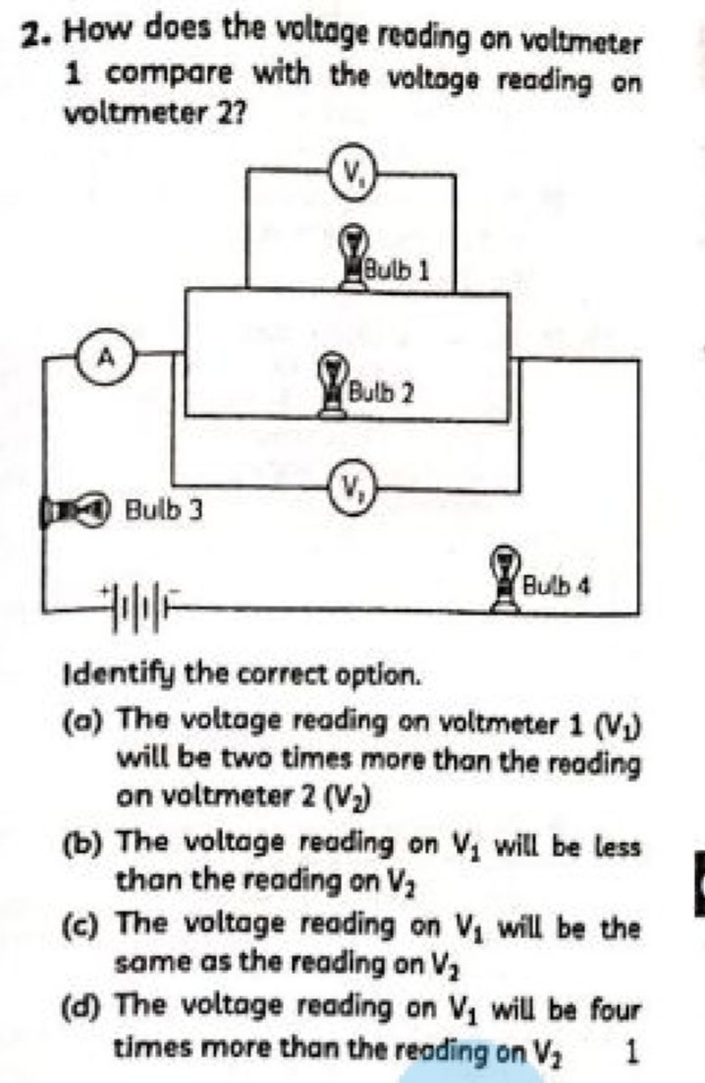 How does the voltage reading on voltmeter 1 compare with the voltage read..