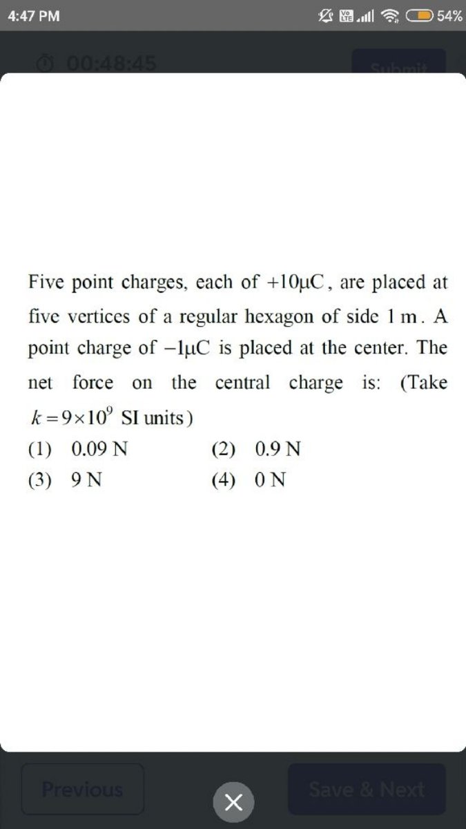 Five point charges, each of +10µC, are placed at five vertices of a regul..