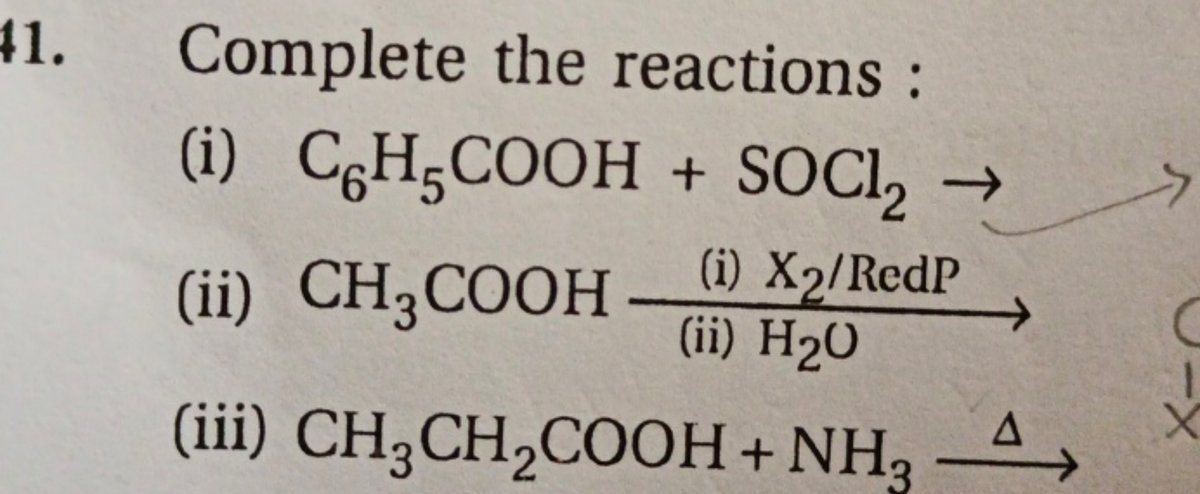 Complete the reactions : (i) \mathrm { C } _ { 6 } \mathrm { H } _ { 5 } ..