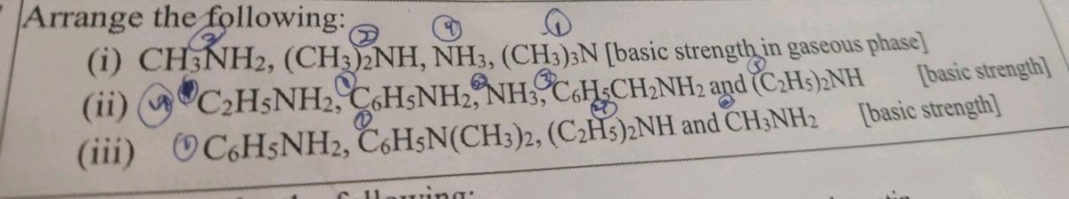 Arrange the following: 4 (i) CH3NH2,(CH3)2NH, NH3, (CH3)3N basic strength..