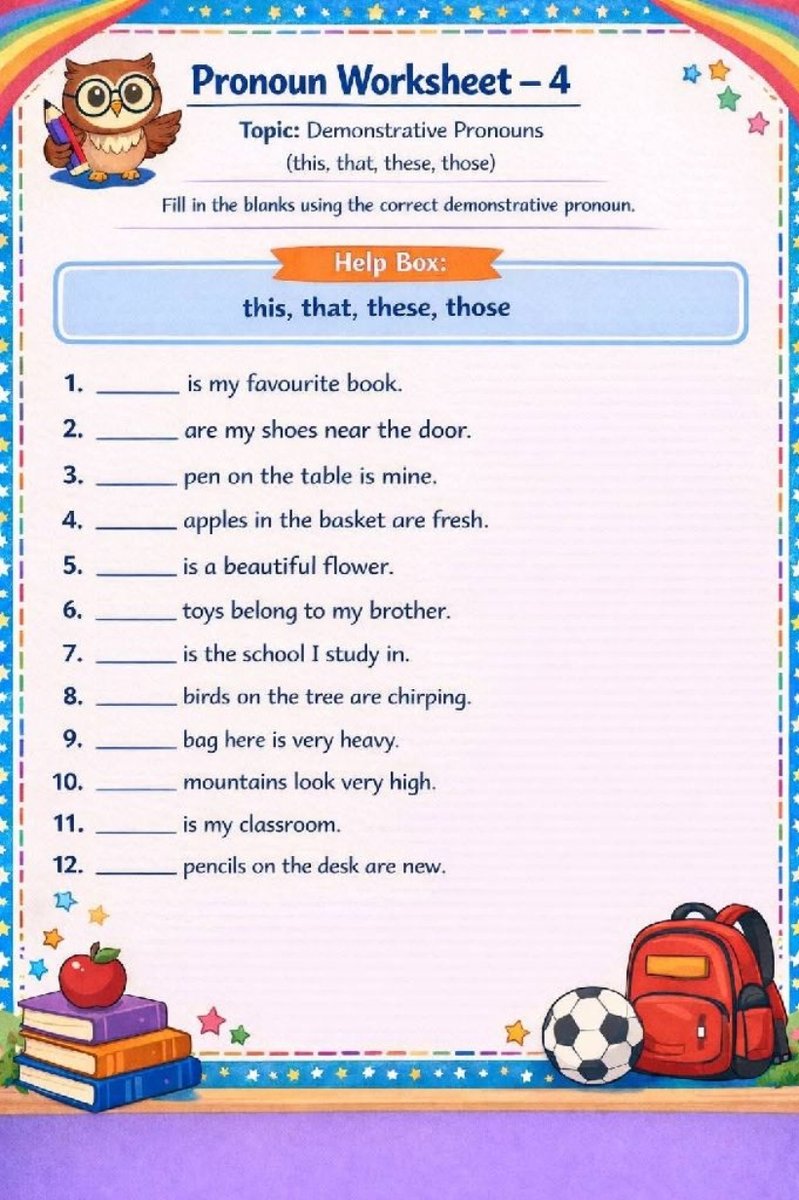 Pronoun Worksheet – 4 Topic: Demonstrative Pronouns (this, that, these,