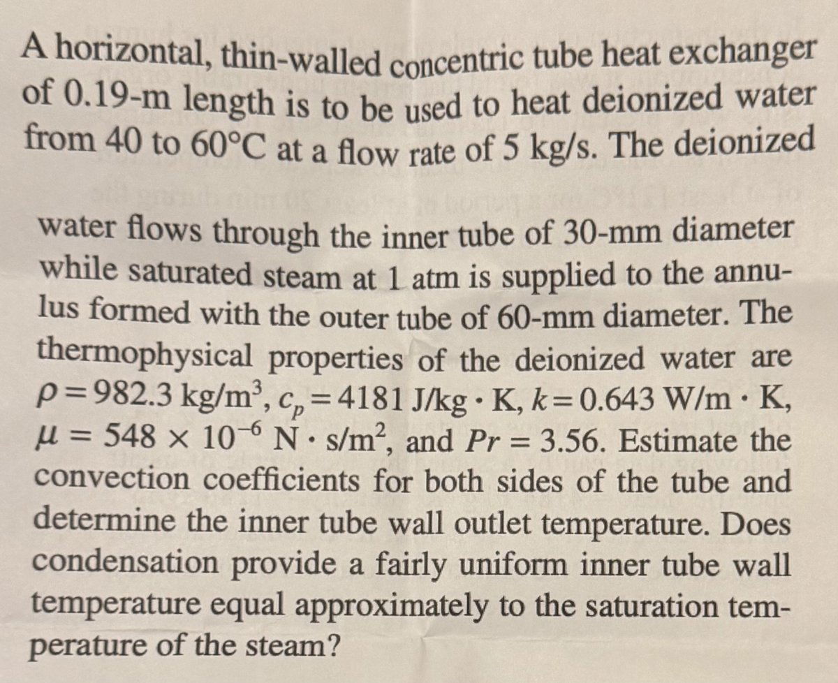 Heat exchanger problem: A horizontal, thin‐walled concentric‐tube heat e..