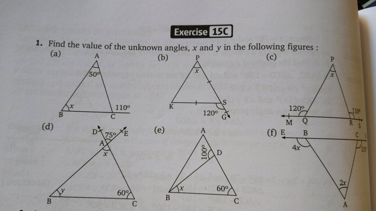 Exercise 15C Find the value of the unknown angles, x and y in the followi..