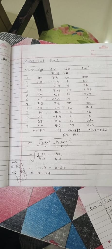 The image shows a calculation for standard deviation using the shortcut m..