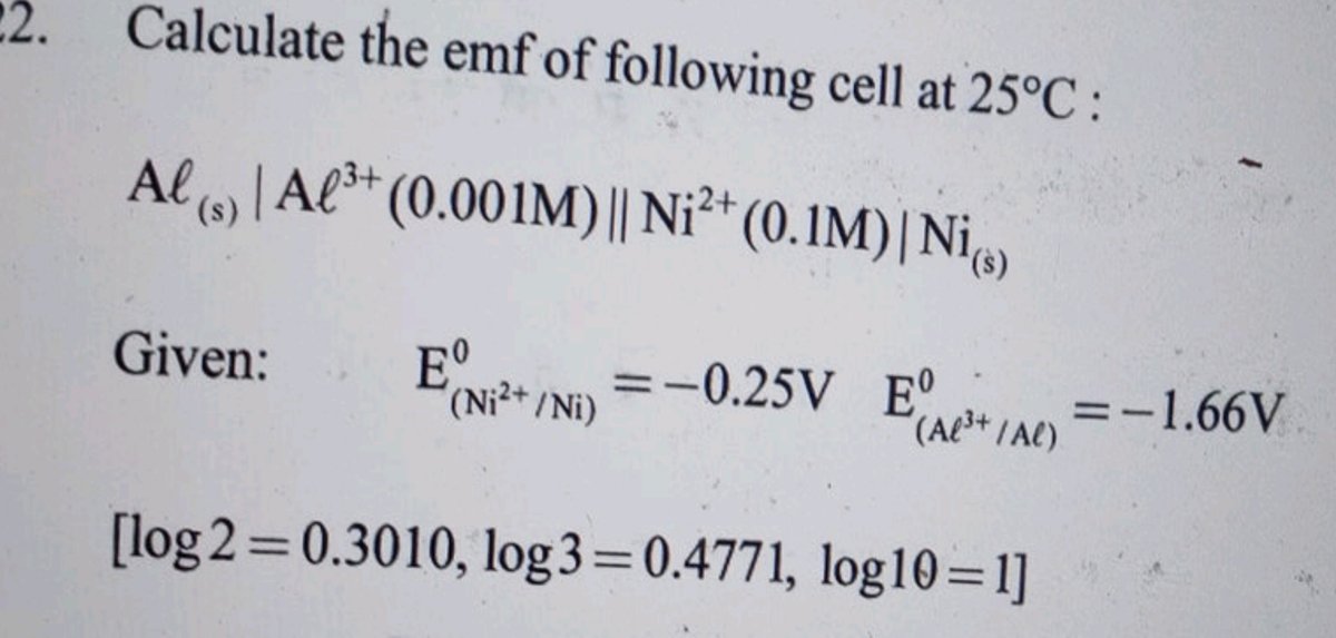 Calculate the emf of following cell at 25 ^ { \circ } \mathrm { C } : \be..