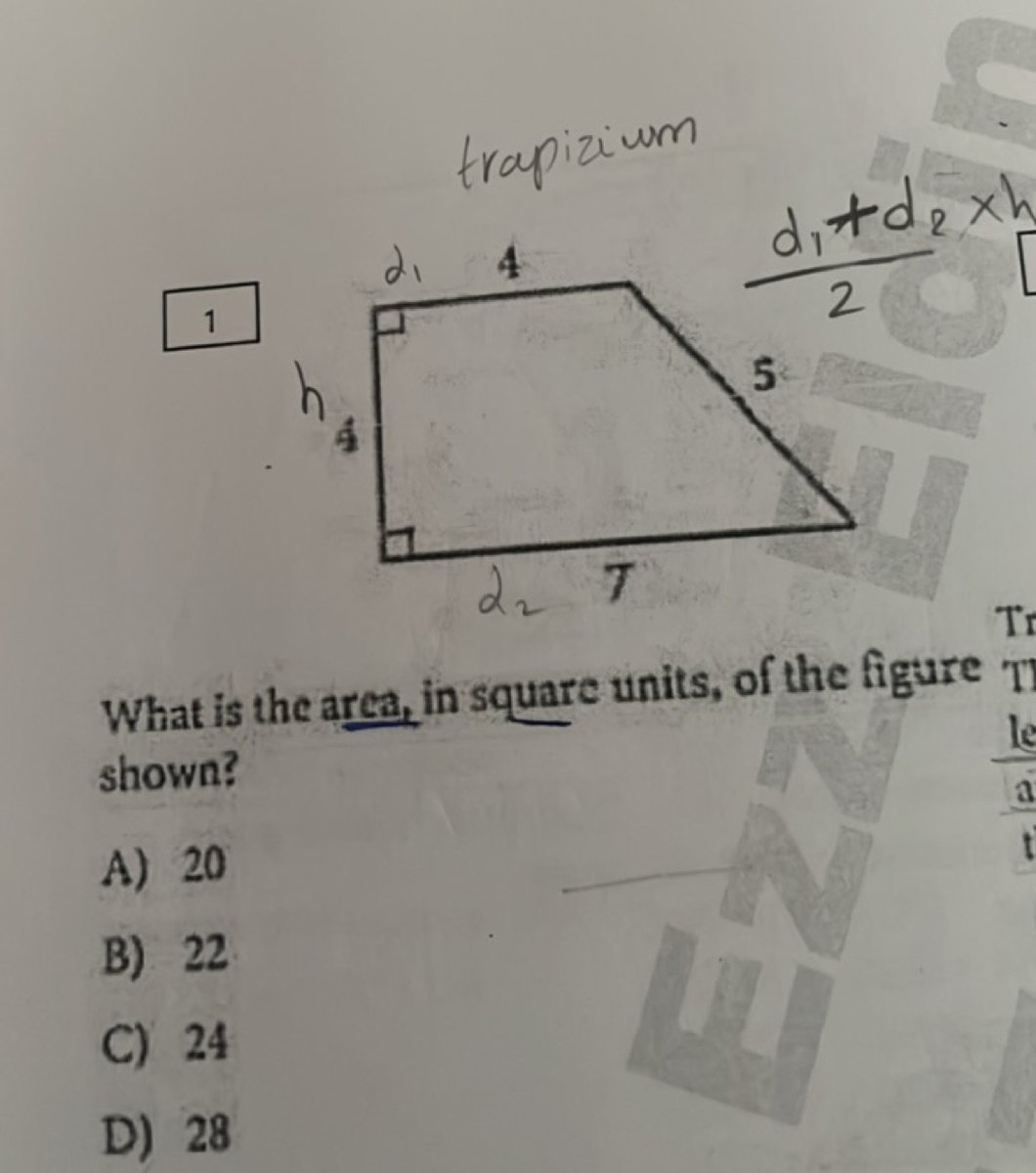 What is the area, in square units, of the trapezium shown in the figure?