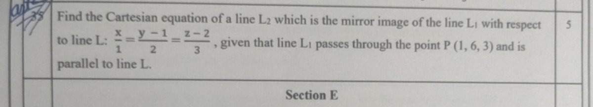 Find the Cartesian equation of a line L _ { 2 } which is the mirror image..