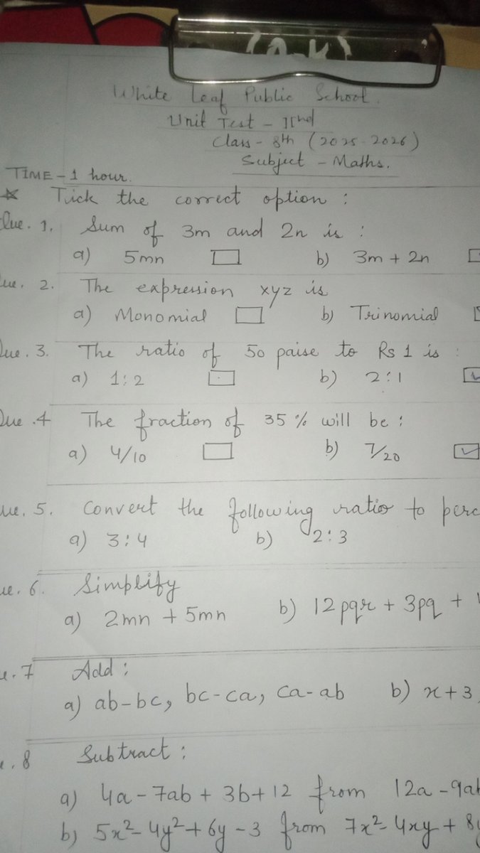 White Leaf Public School Unit Test - II Class - 8th (2025-2026) Subject