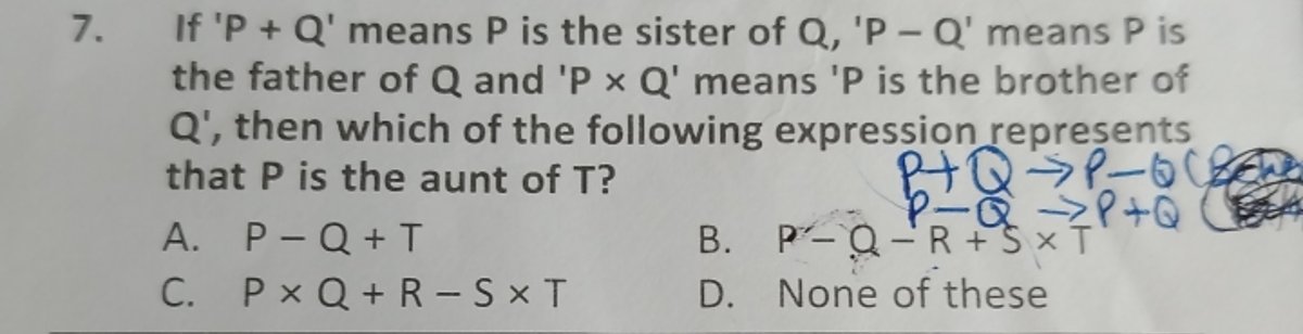 If ' P + Q ' means P is the sister of Q , ' P - Q ' means P is the father..