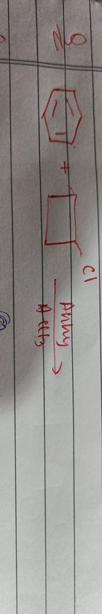 The image shows a chemical reaction with benzene and chlorine reacting in..