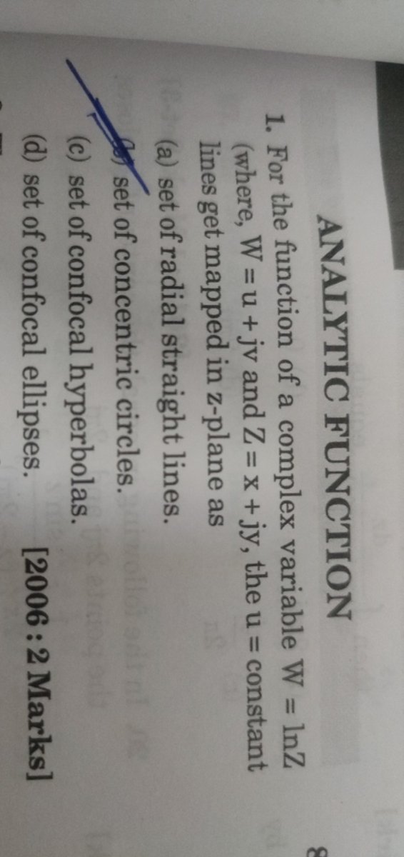 For the function of a complex variable W = \ln Z (where, W = u + jv and Z..