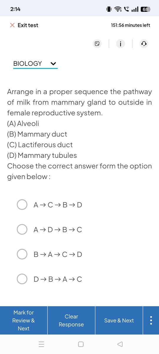 Arrange in a proper sequence the pathway of milk from mammary gland to ou..