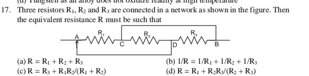 Three resistors \mathrm { R } _ { 1 } , \mathrm { R } _ { 2 } and \mathrm..