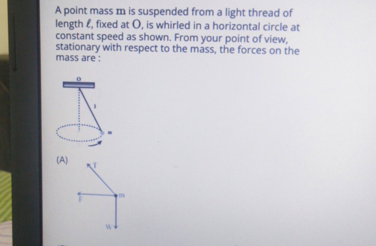 A point mass m is suspended from a light thread of length l, fixed at O,