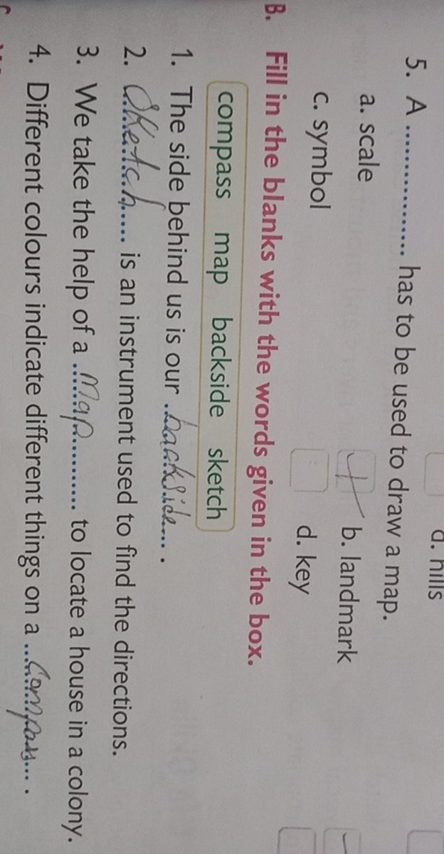 B. Fill in the blanks with the words given in the box. compass map backs..