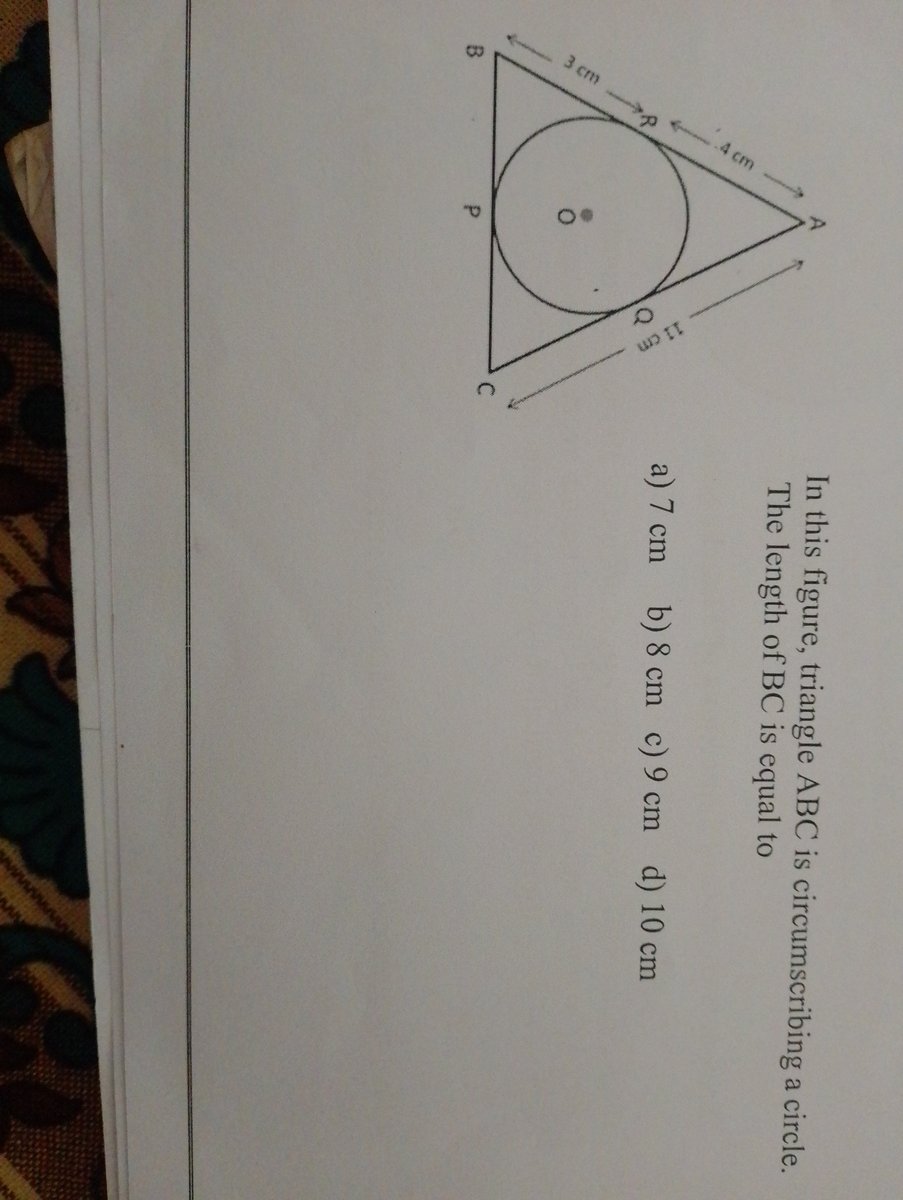 In this figure, triangle A B C is circumscribing a circle. The length of