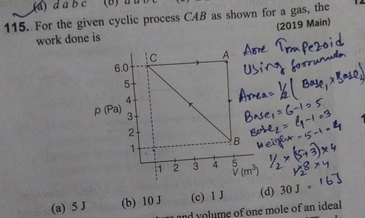 For the given cyclic process C A B as shown for a gas, the work done is