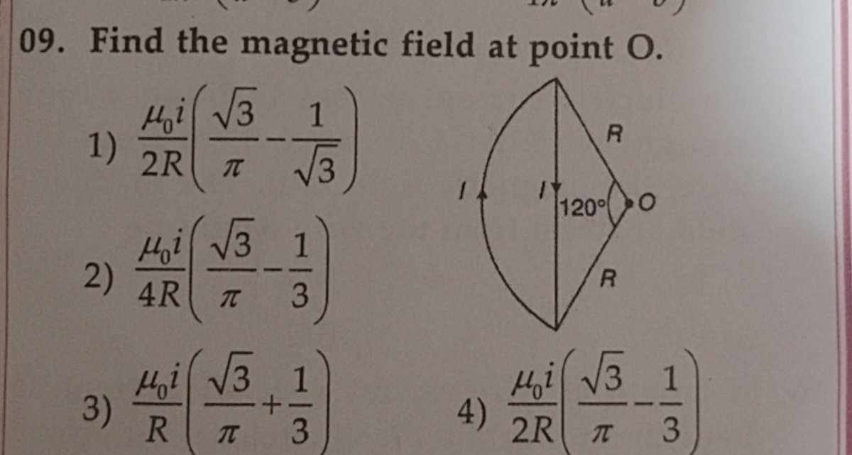 Find the magnetic field at point O. (Image shows a circuit with a curved..