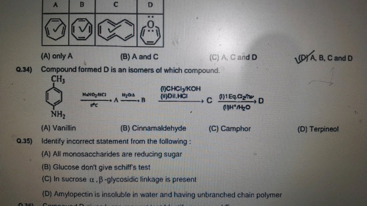 Q.34) Compound formed D is an isomer of which compound. Diagram showing