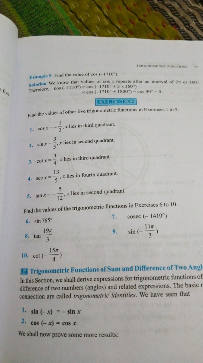 Here are some questions related to trigonometric functions: Example 9 Fi..