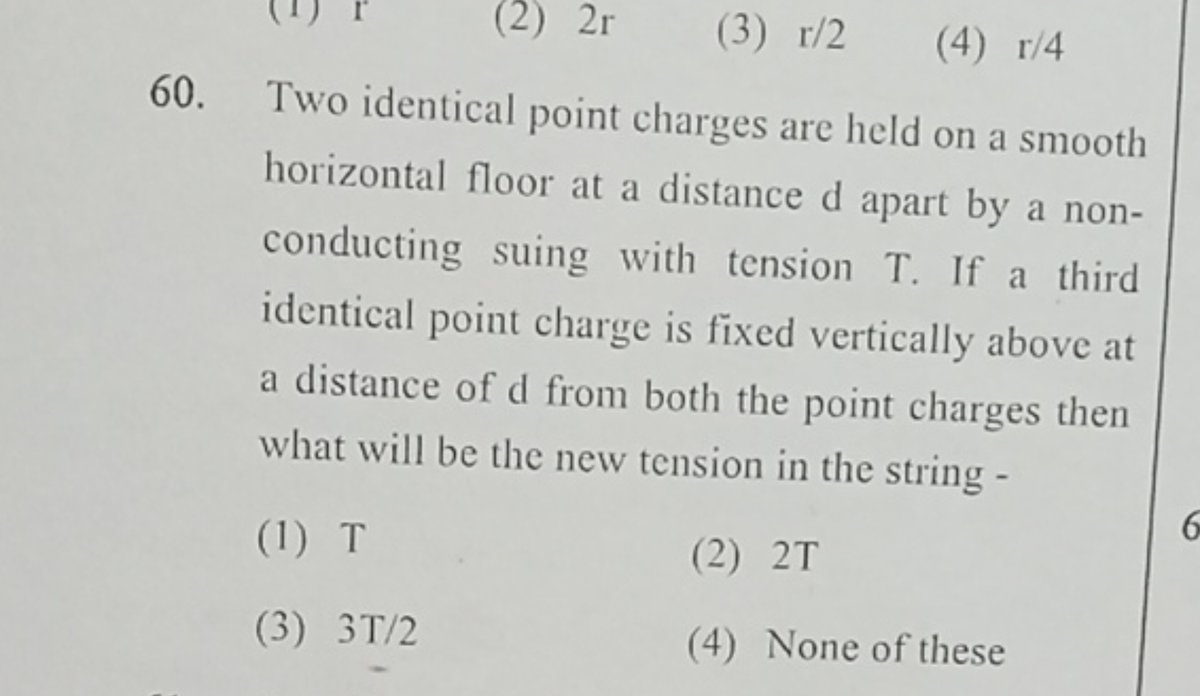 (2) 2 r (3) r / 2 (4) r / 4 Two identical point charges are held on a smo..