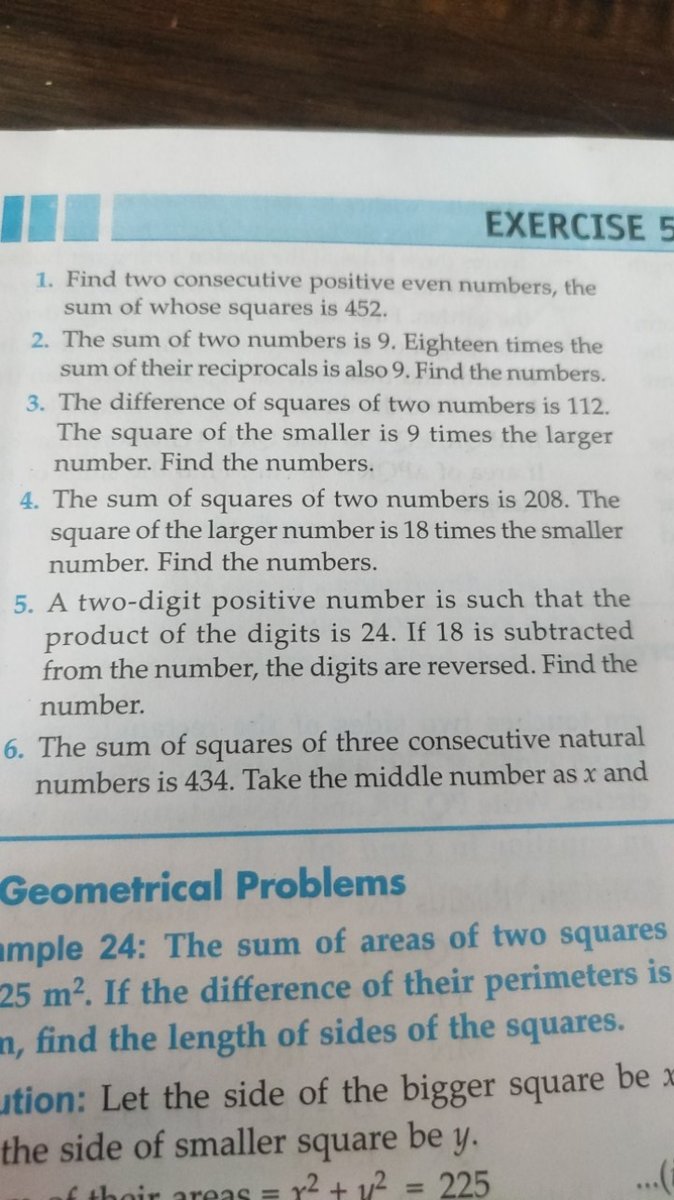 EXERCISE Find two consecutive positive even numbers, the sum of whose squ..
