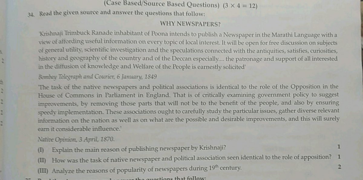 (Case Based/Source Based Questions) ( 3 \times 4 = 12 ) Kead the given so..