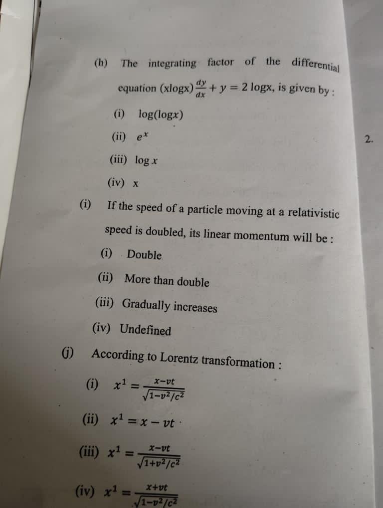 (h) The integrating factor of the differential equation ( x \log x ) \fra..
