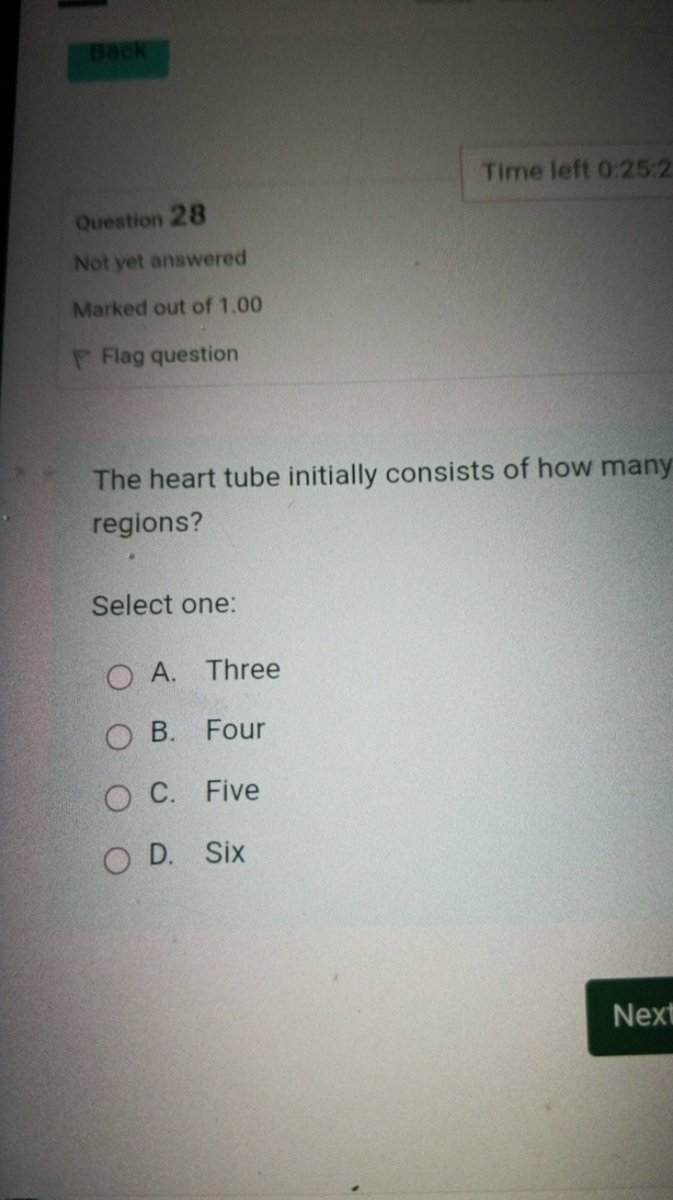The heart tube initially consists of how many regions? Select one: A. Th..