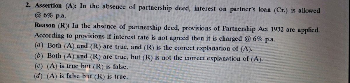 Assertion (A): In the absence of partnership deed, interest on partner's