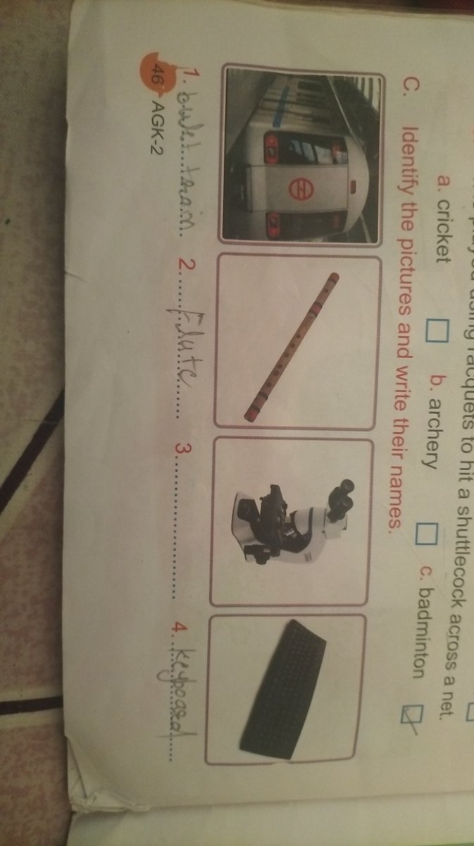 C. Identify the pictures and write their names. Image of a train Image o..
