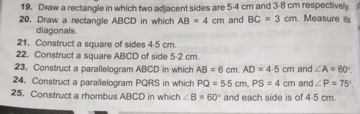 Draw a rectangle in which two adjacent sides are 5.4 cm and 3.8 cm respec..