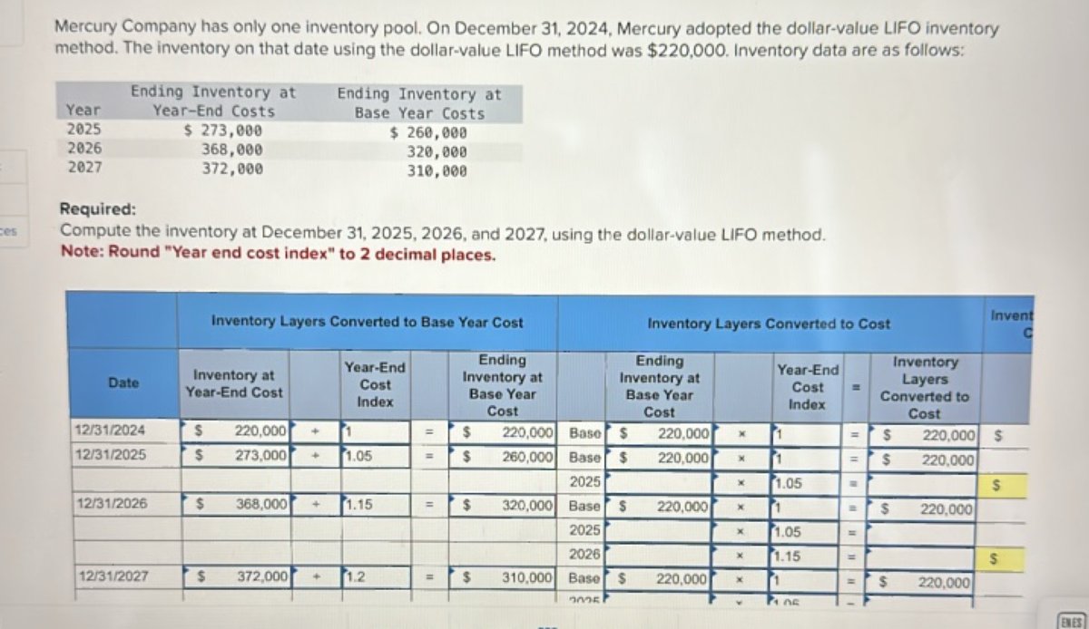 Mercury Company has only one inventory pool. On December 31, 2024, Mercur..