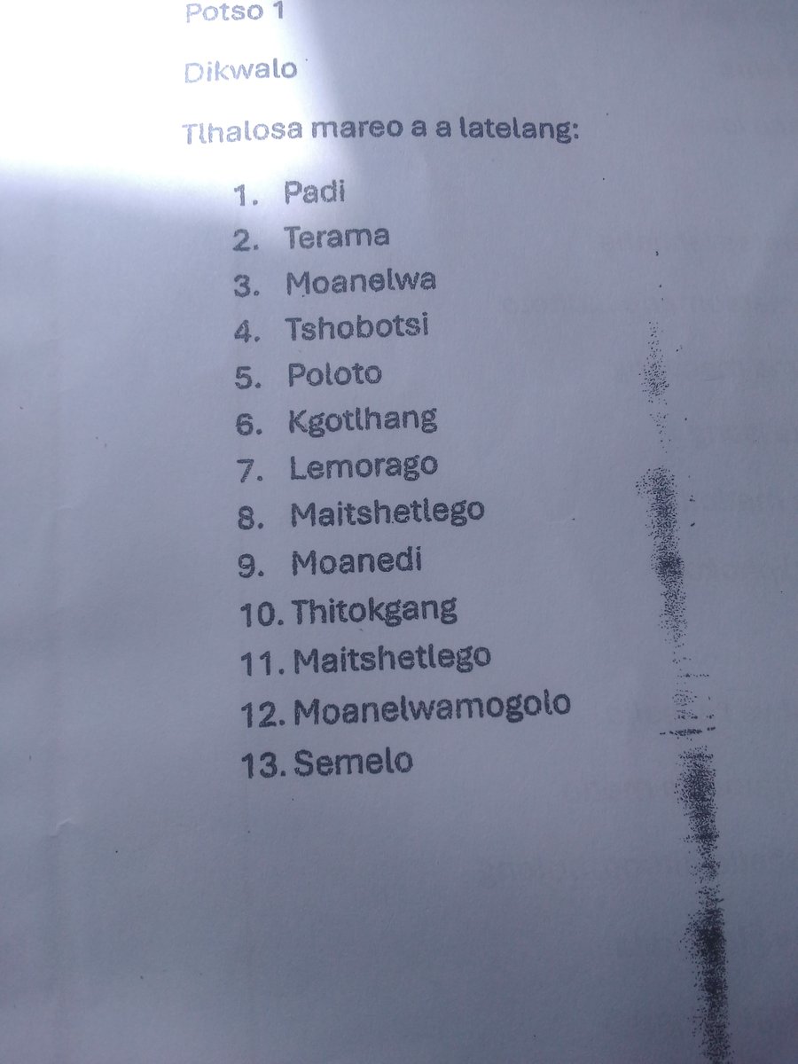 Potso 1 Dikwalo Tinalosa mareo a a latelang: Padi Terama Moanelwa Tshobot..