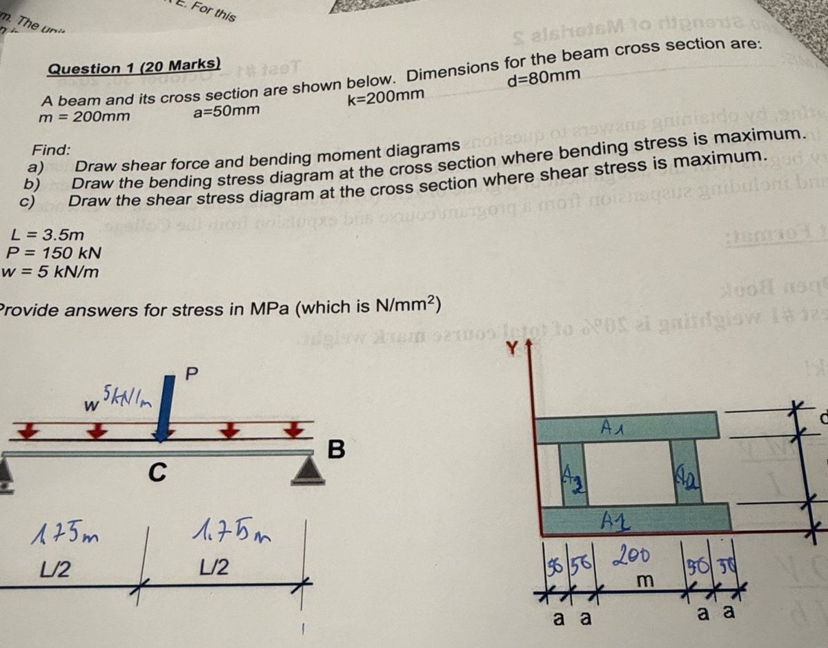Question 1 (20 Marks) A beam and its cross section are shown below. Dimen..