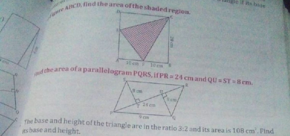 Here are three separate questions: In figure ABCD, find the area of the