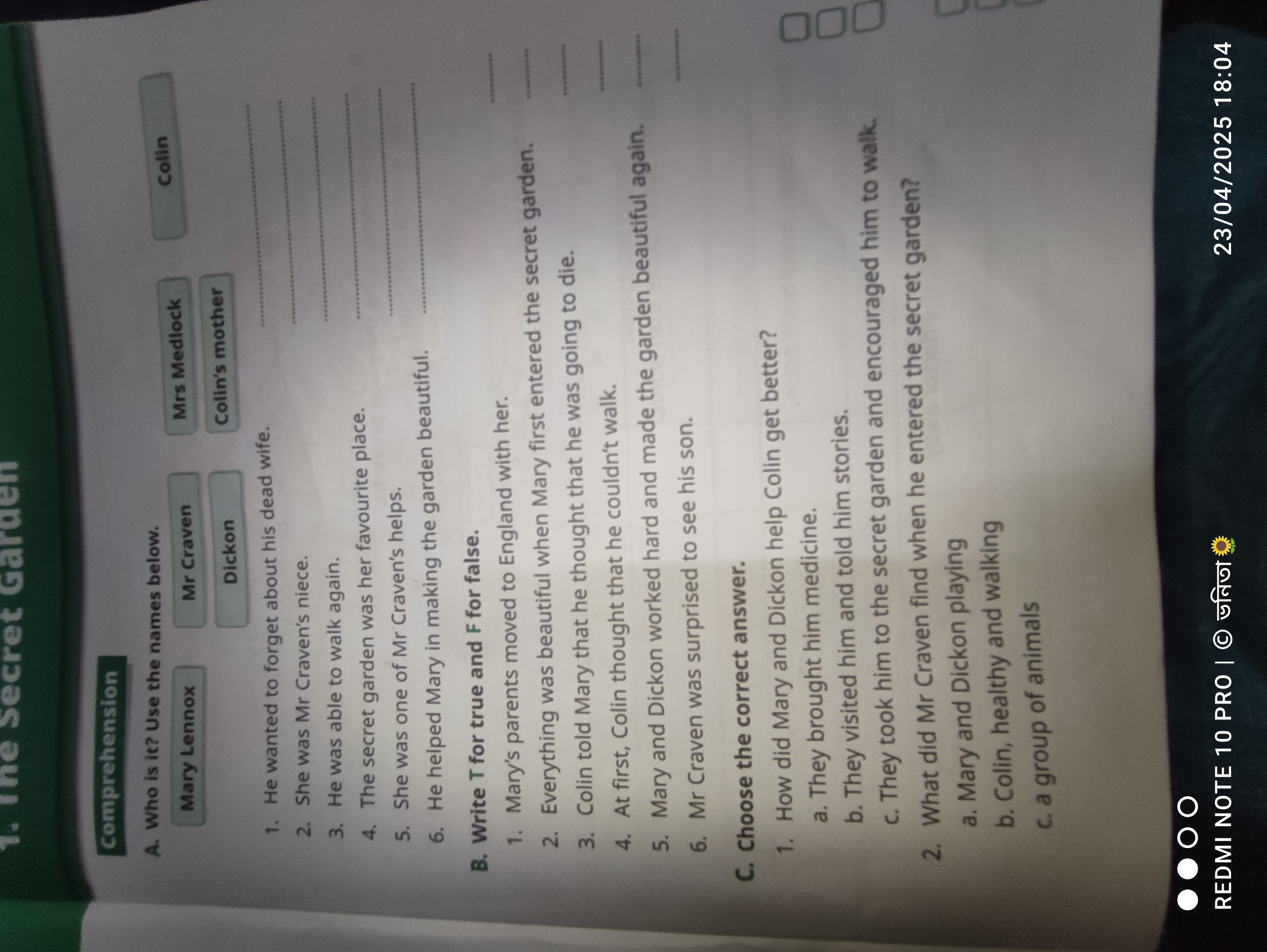 The Secret Garden Comprehension A. Who is it? Use the names below. Mary L..