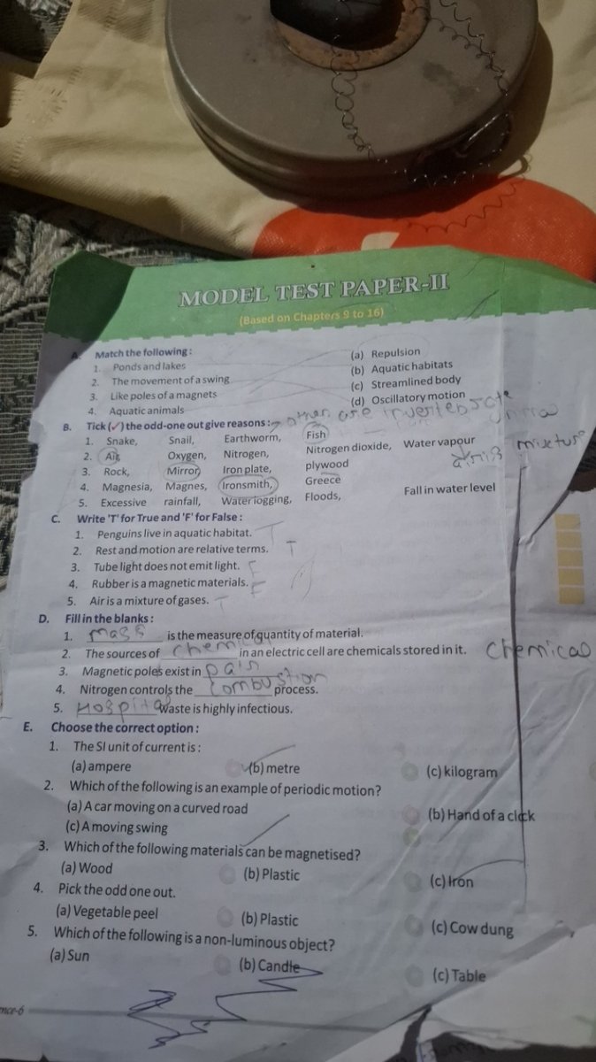 MODEL TEST PAPER TU (Based on Chapters 9 to 16) Match the following : (a..