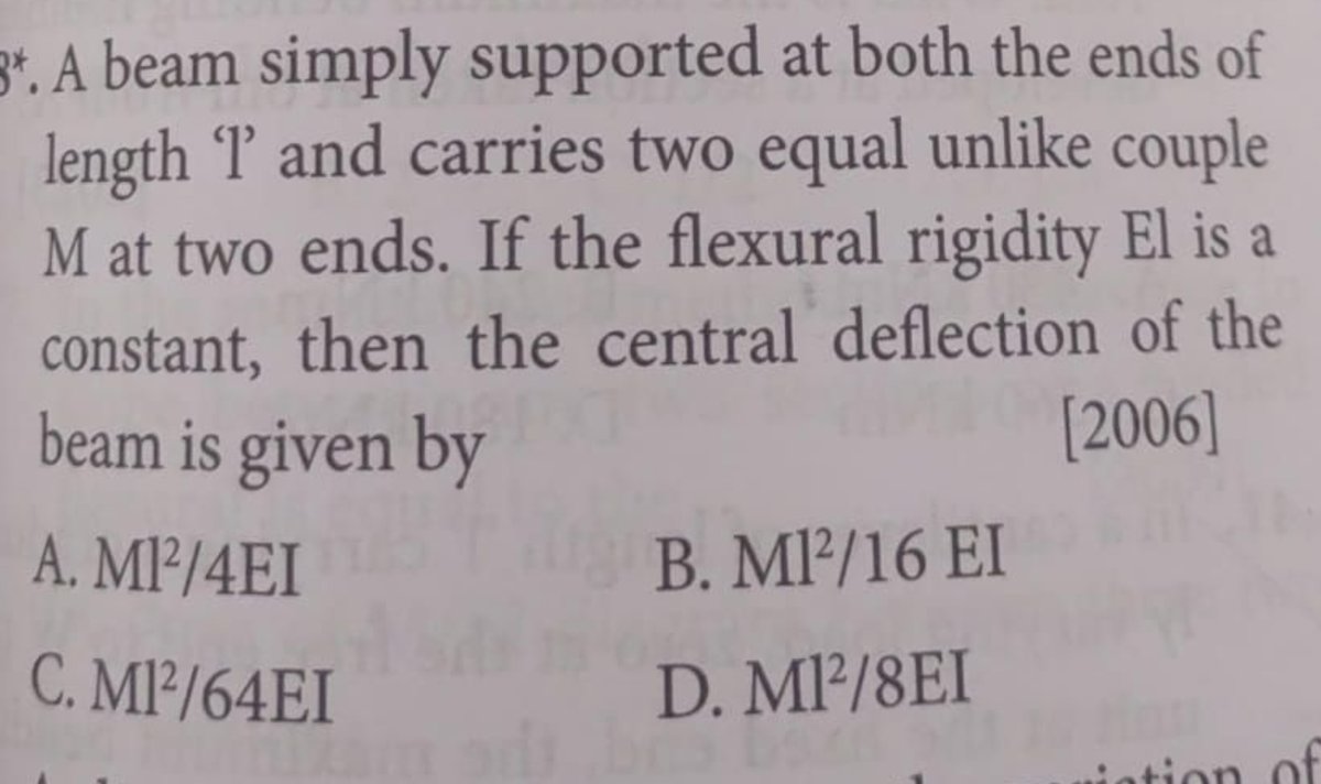 A beam is simply supported at both ends with length 'l' and subjected to