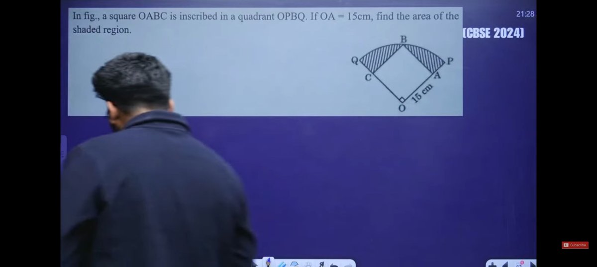 In fig., a square OABC is inscribed in a quadrant OPBQ . If \mathrm { OA